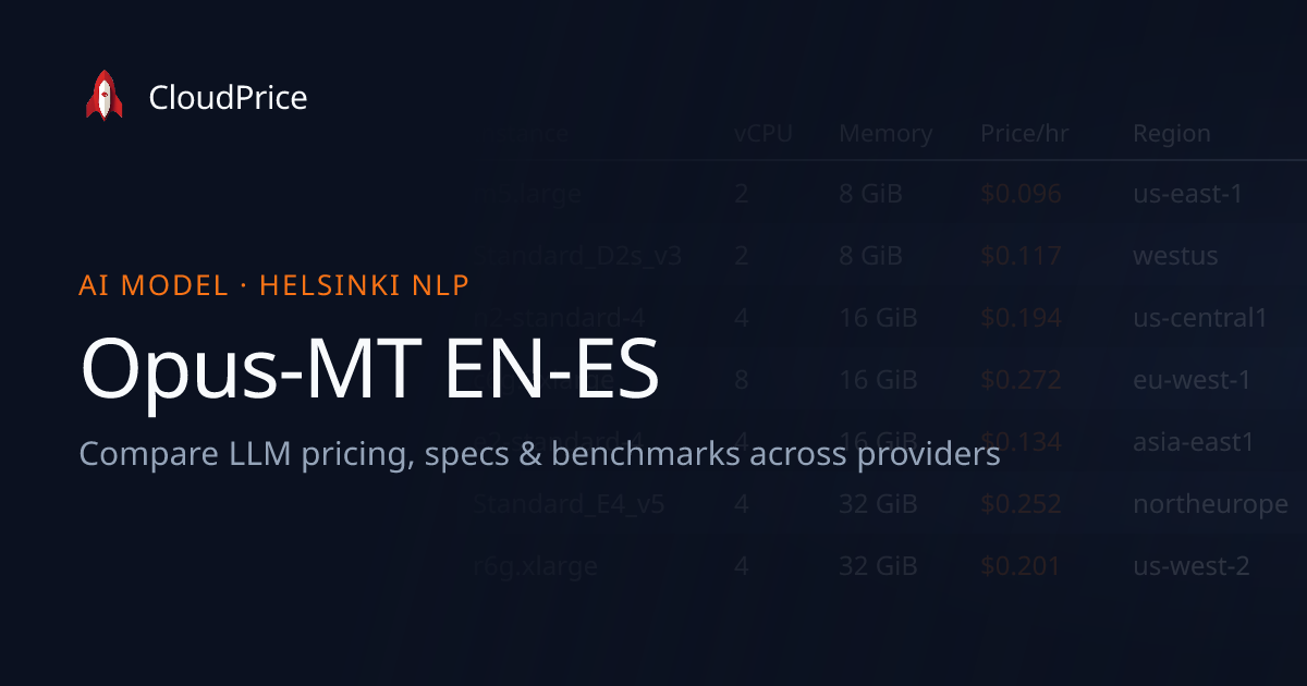 Opus-MT EN-ES pricing & specs — Helsinki Nlp | CloudPrice